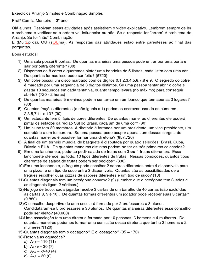 Exercícios Arranjo Simples e Combinação Simples | PDF