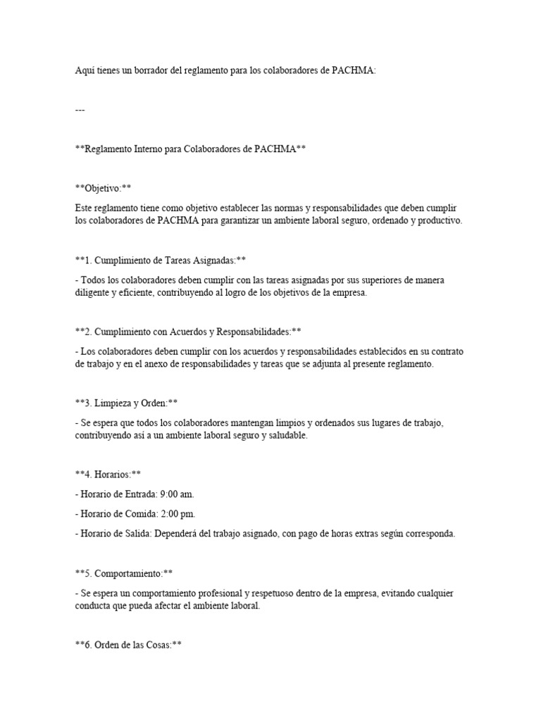 Reglamento Interno para Colaboradores Pachma | PDF