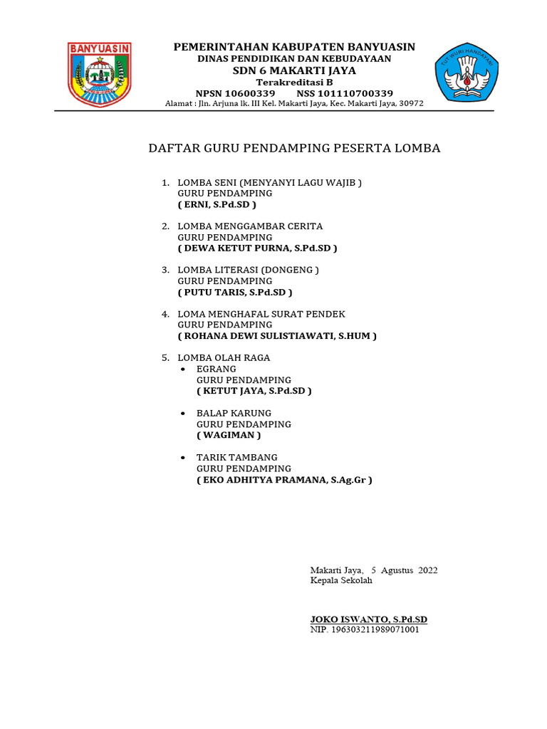 Daftar Guru Pendamping Peserta Lomba | PDF