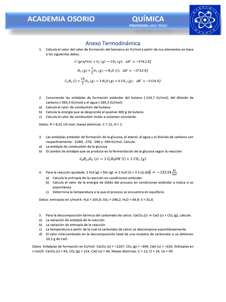 0 Anexo Ejercicios Termodin Mica | PDF | Entalpía | Combustión