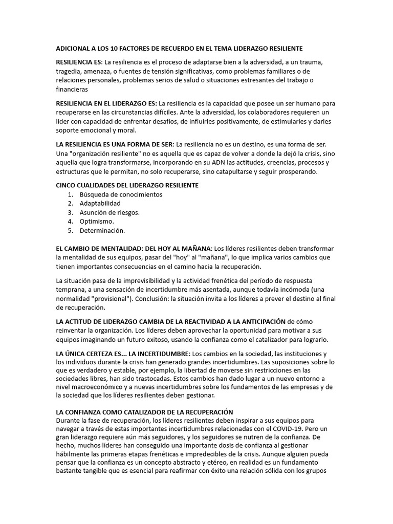 Adicional A Los 10 Factores de Recuerdo en El Tema Liderazgo Resiliente | PDF | Resiliencia ...