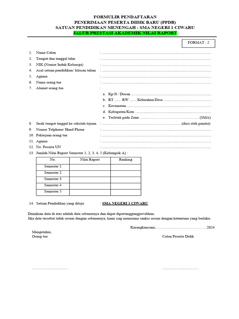 Formulir PPDB SMA Negeri 1 Ciwaru | PDF