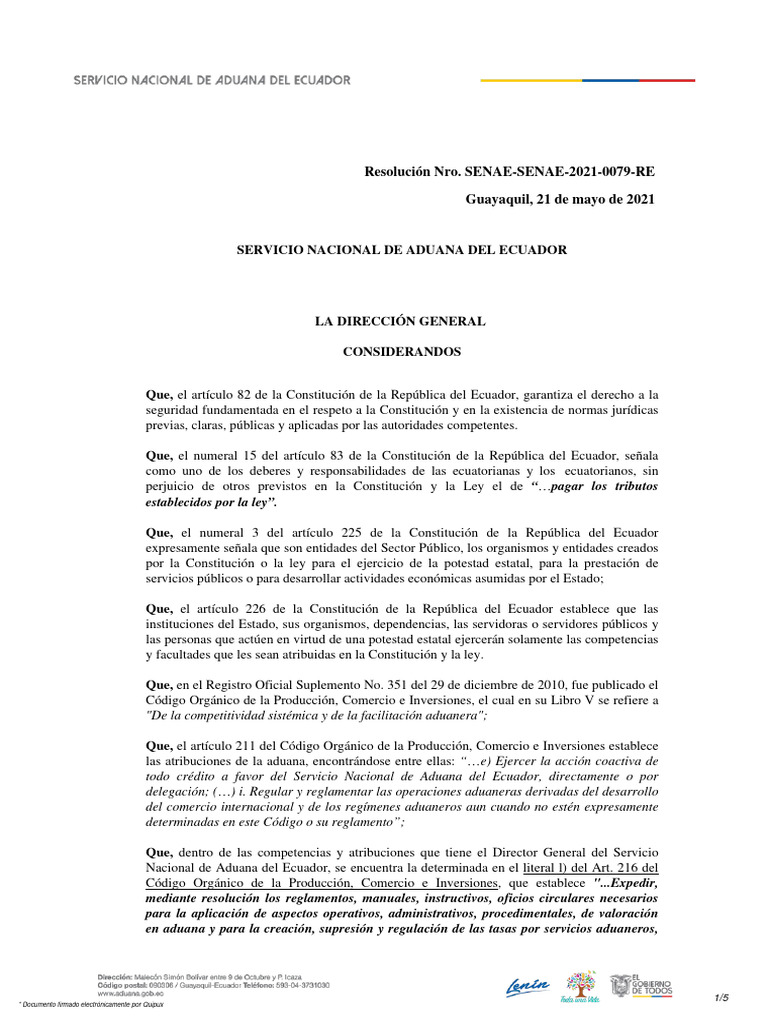 Senae Senae 2021 0079 Re | PDF | aduana | Ecuador