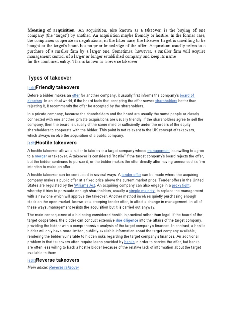 Types of Takeover: Friendly Takeovers | PDF | Takeover | Companies