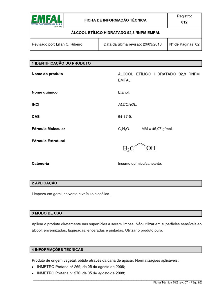 Ficha Tecnica 012 Alcool Etilico Hidratado 928 Oinpm Emfal Rev 07 | PDF ...
