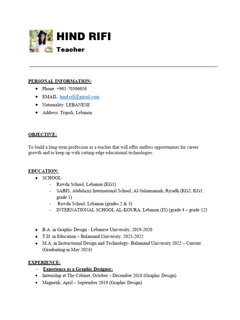 hind rifi cv | PDF | Graphic Design | Teachers