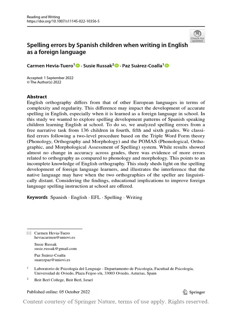 Spanish Kids' English Spelling Errors | PDF | Orthography | Spanish ...