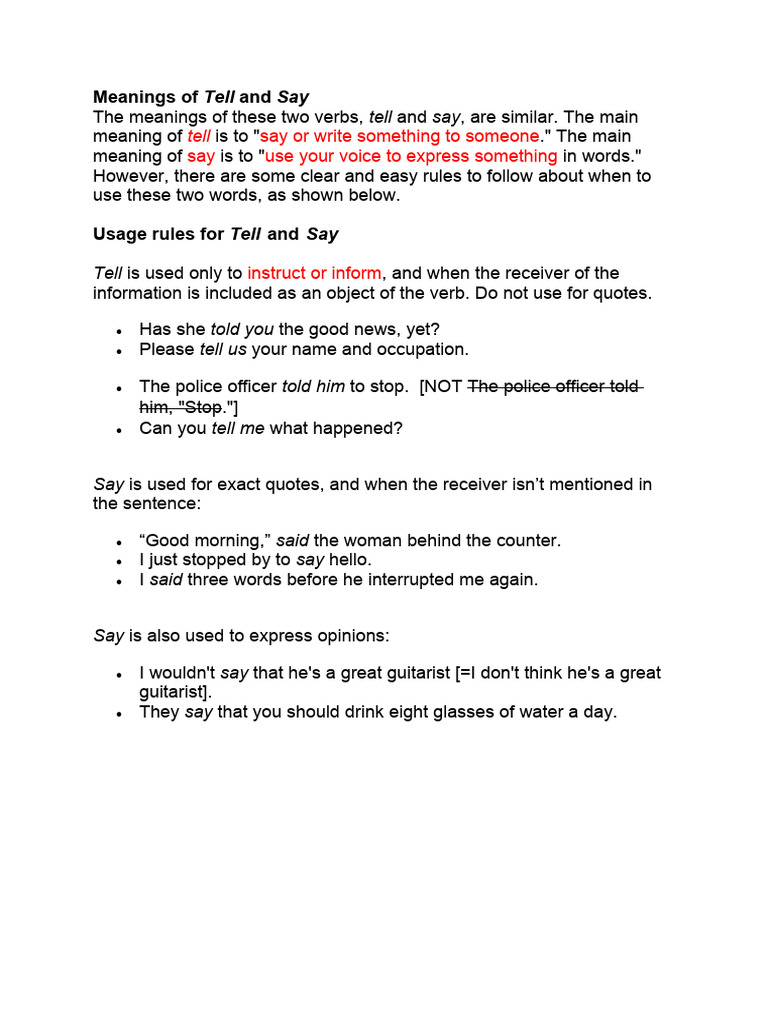 Tell vs. Say: Usage Rules Explained | PDF