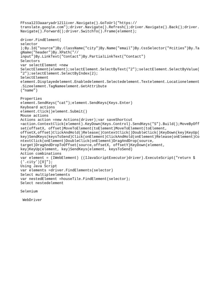 Selenium WebDriver Cheat Sheet | PDF | Computers
