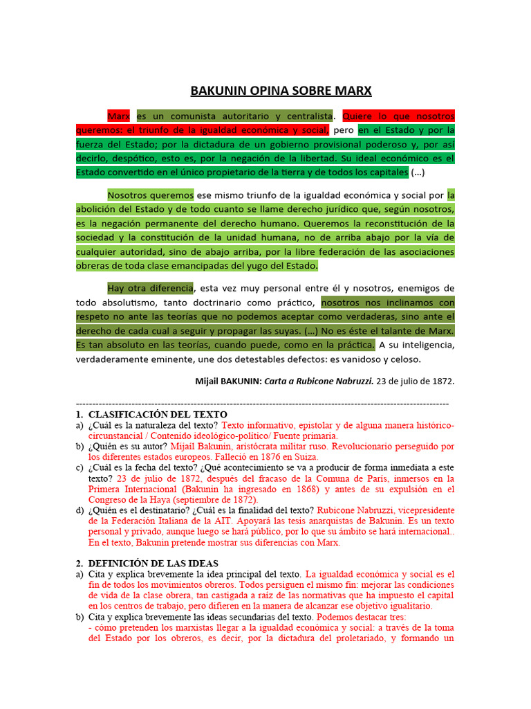 Texto Sobre Bakunin y Marx. Ideas Principales y Respuestas | PDF ...
