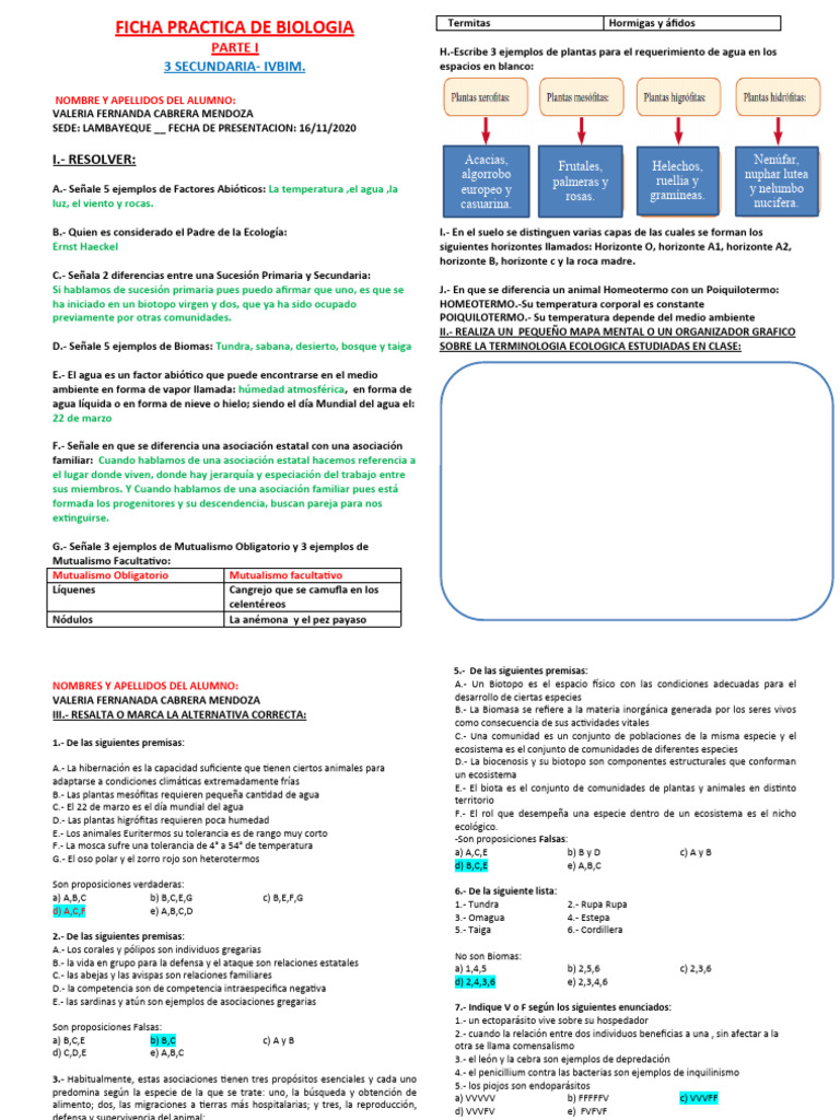 I Ficha Practica de Biologia 3ro | PDF | Ecosistema | Ecología