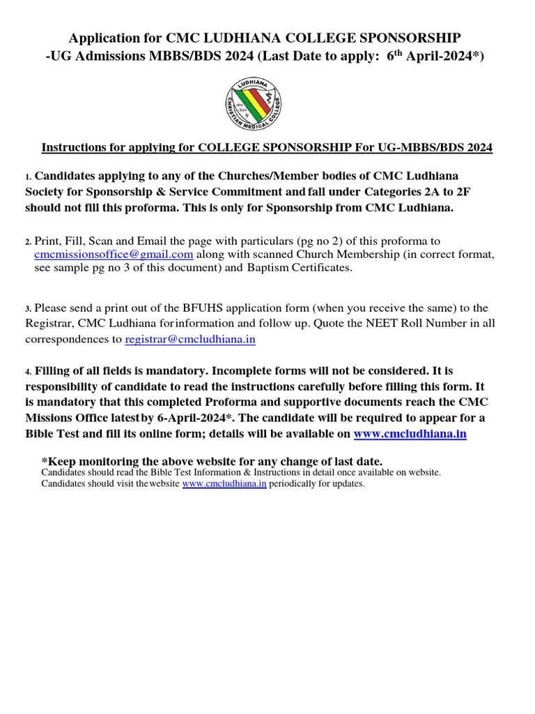 Application For College Sponsorship UG MBBS BDS 2024 | PDF