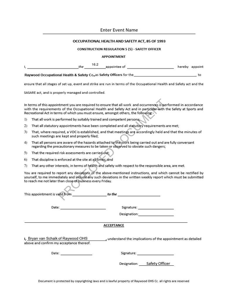 Event Safety Officer Appointment | PDF | Occupational Safety And Health ...