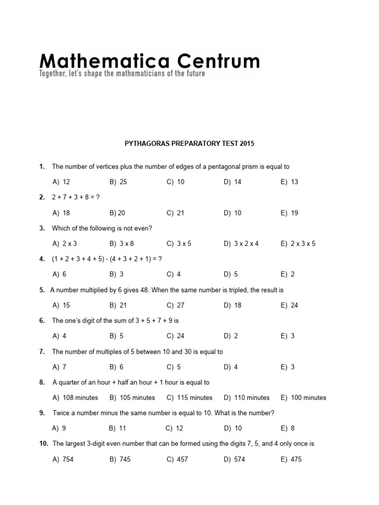 Pythagoras Preparatory Test 2015 | PDF | Triangle | Mathematics