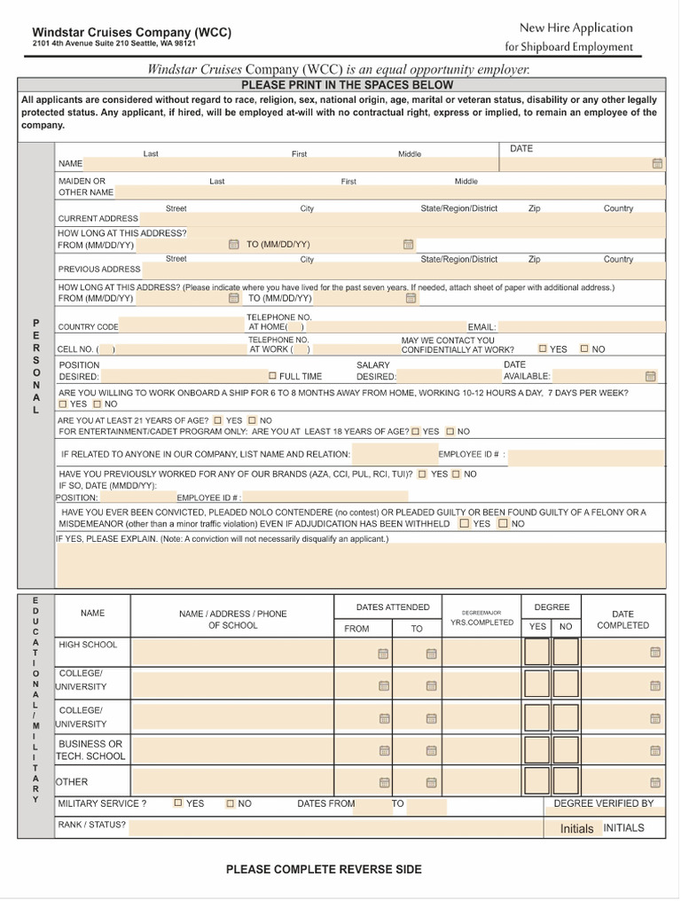 Windstar Cruise Hire 1 Form | PDF