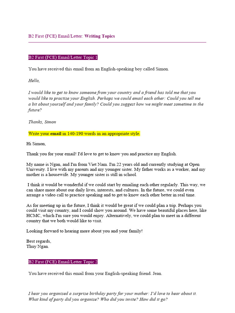 Part 4 - B2 First FCE - Email Letter Writing Topics | PDF | Swimming