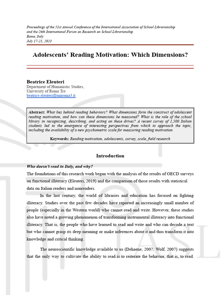 Adolescents Reading Motivation Which Dimensions | PDF | Self Efficacy ...
