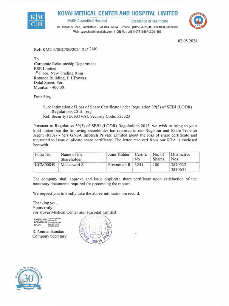 Kovai Medical Center and Hospital Limited: Ref: KMCH/SEC/SE/2024-25/ ...