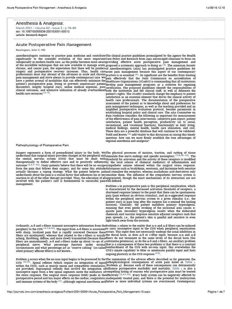 Acute Postoperative Pain Management : Anesthesia & Analgesia | PDF ...
