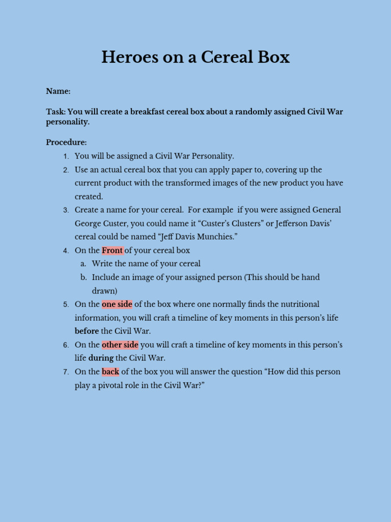 Civil War Cereal Box Project Guide | PDF