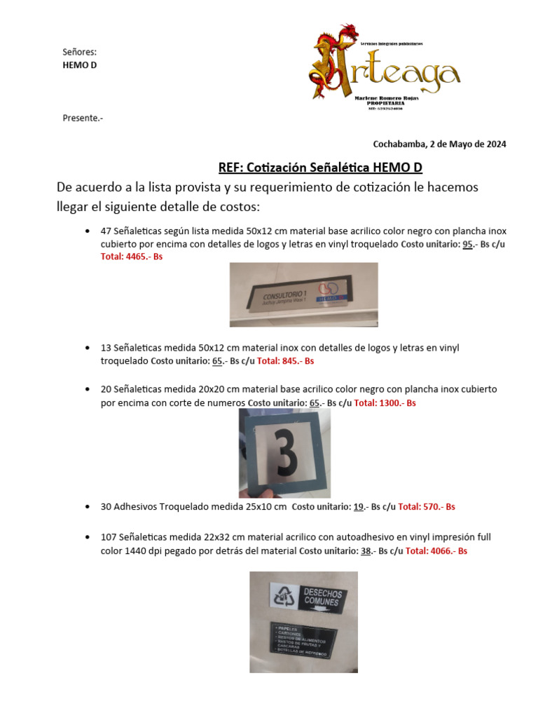 Cotizacion Señaleticas HEMO D La Paz v2 | PDF