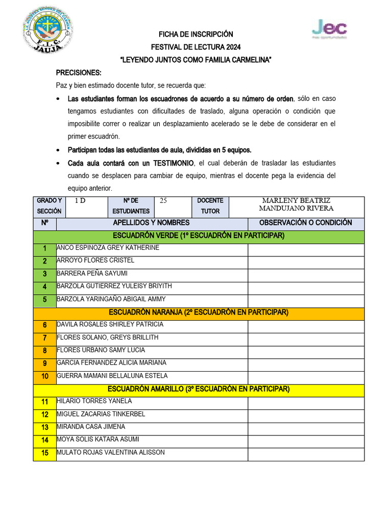 Ficha de Inscripción Festival de Lectura.-1d | PDF