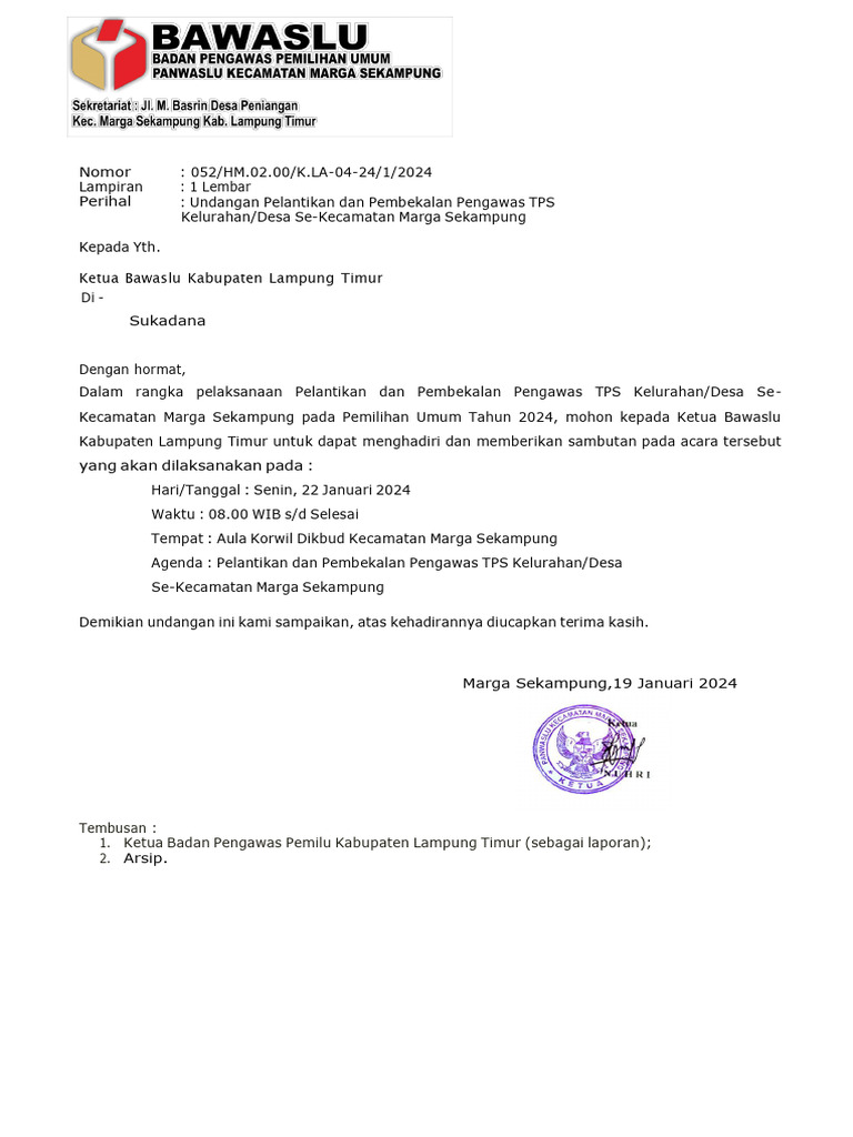 Undangan Pelantikan Panwas PTPS | PDF