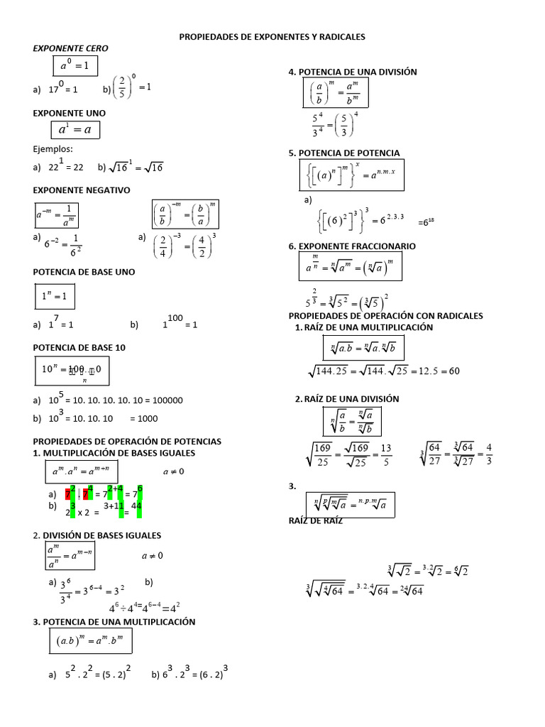 Propiedades de Exponentes y Radicales | PDF | Exponenciación | Aritmética