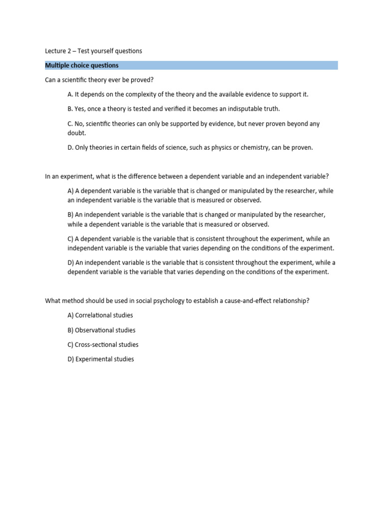 Scientific Method Quiz Questions | PDF | Experiment | Dependent And ...