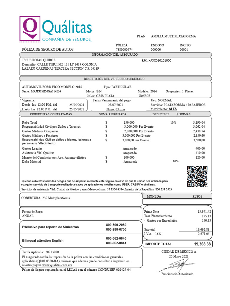 Qualitas Plataforma | PDF | Póliza de seguros | Seguro