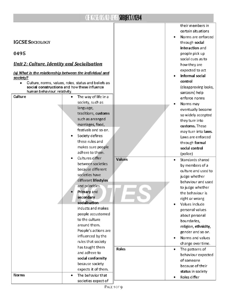 ZNotes Unit 2 (Culture, Identity and Socialisation) - TOAZ - INFO | PDF