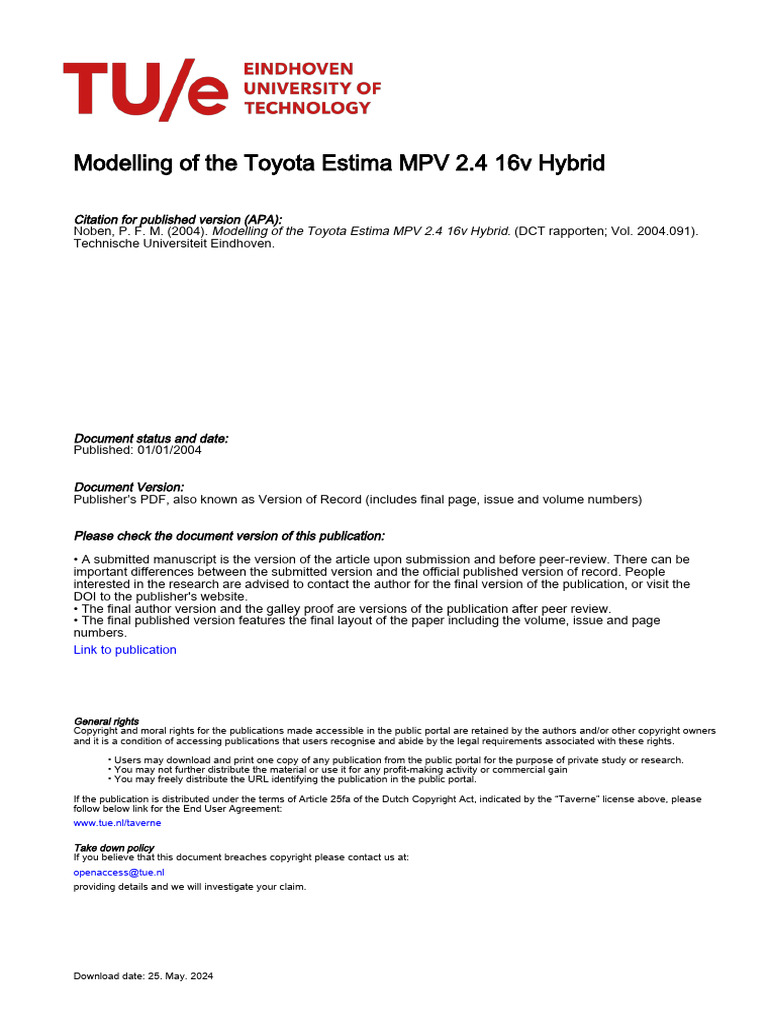 Modelling of The Toyota Estima MPV 2.4 16v Hybrid: Link To Publication ...