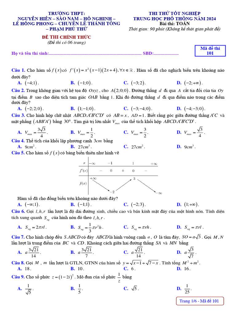 De Thi Thu Tot Nghiep THPT 2024 Mon Toan Cum Truong THPT Quang Nam | PDF