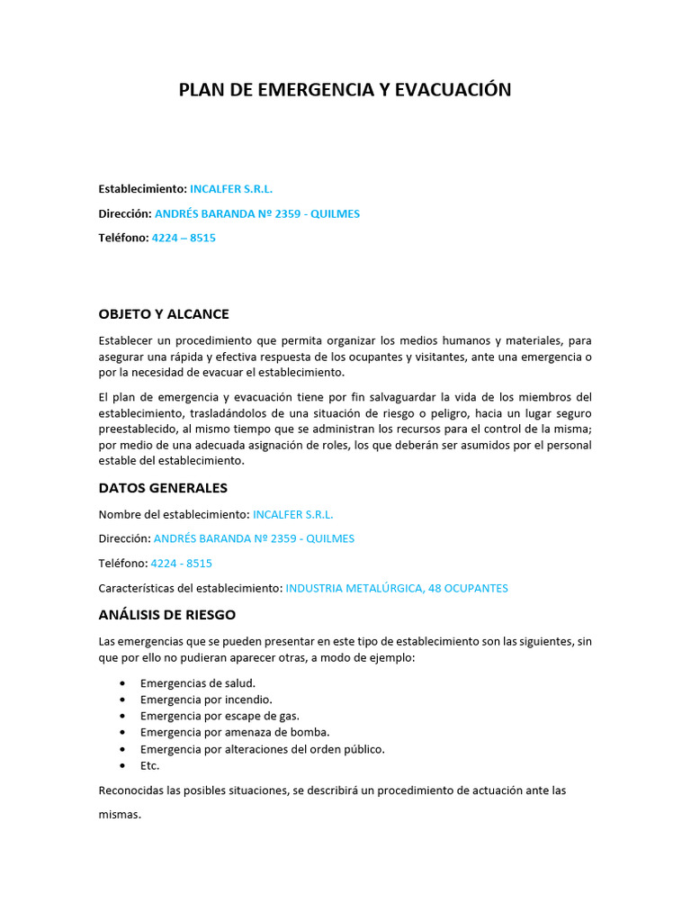 PLAN_DE_EMERGENCIA_Y_EVACUACIÓN[1] | Descargar gratis PDF | Primeros auxilios | Bombero