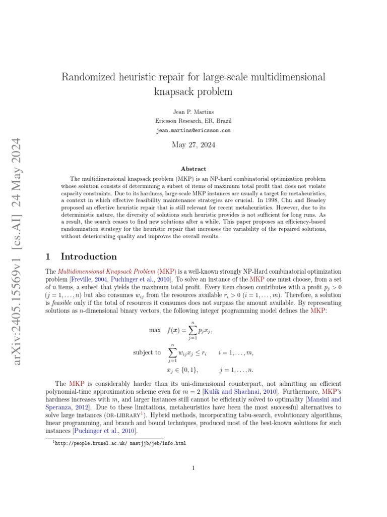 Advanced MKP Heuristic Repair | PDF | Metaheuristic | Computational Science