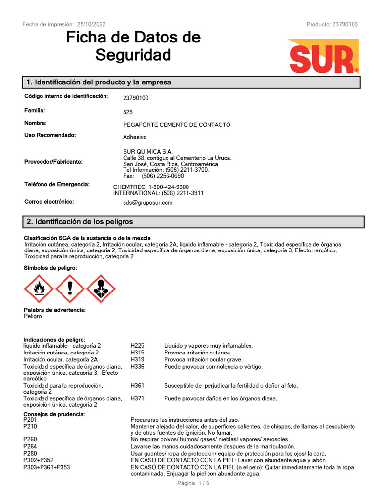 Ficha de Seguridad PEGAFORTE 23790100 | PDF | Agua | Incendios