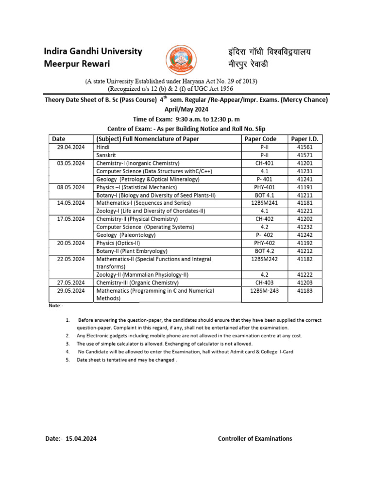 Theory Date Sheet of B. SC (Pass Course) 4TH Sem. Regular, Re-Appear ...