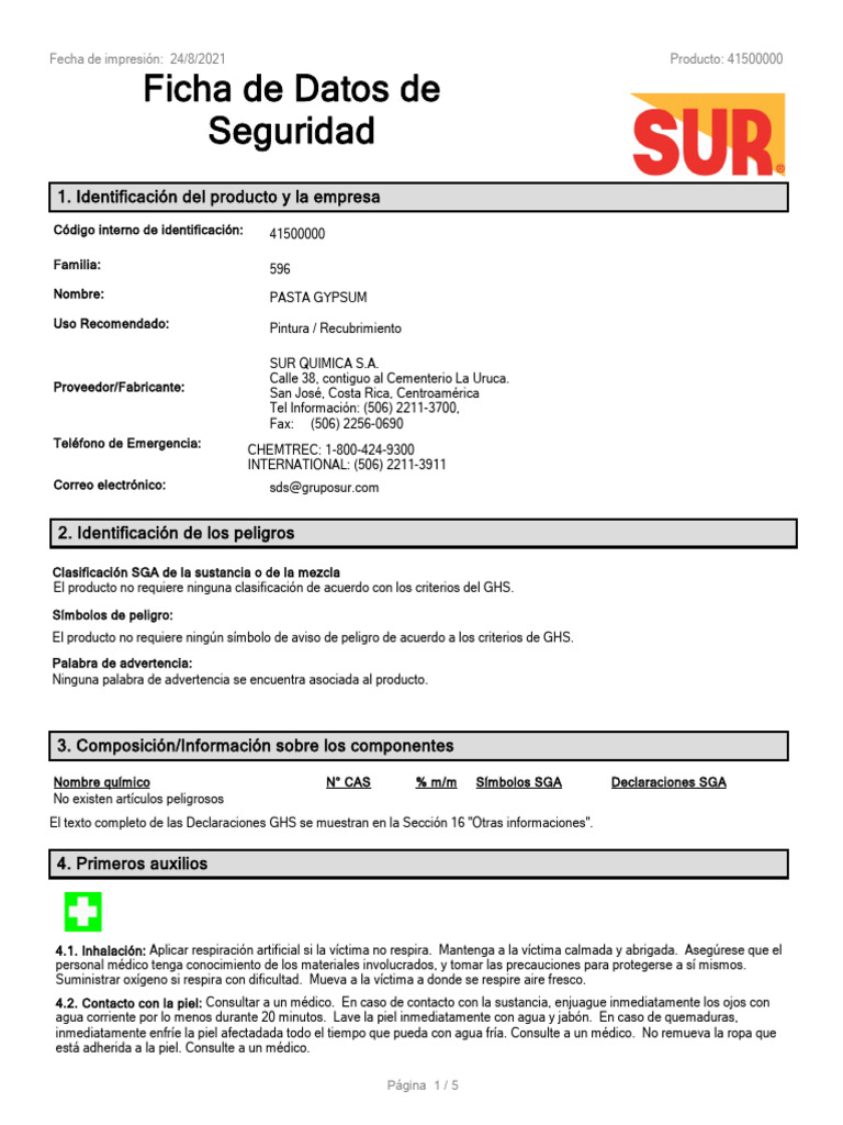 Ficha de Seguridad PASTA GYPSUM 41500000 | PDF | Agua | Toxicidad