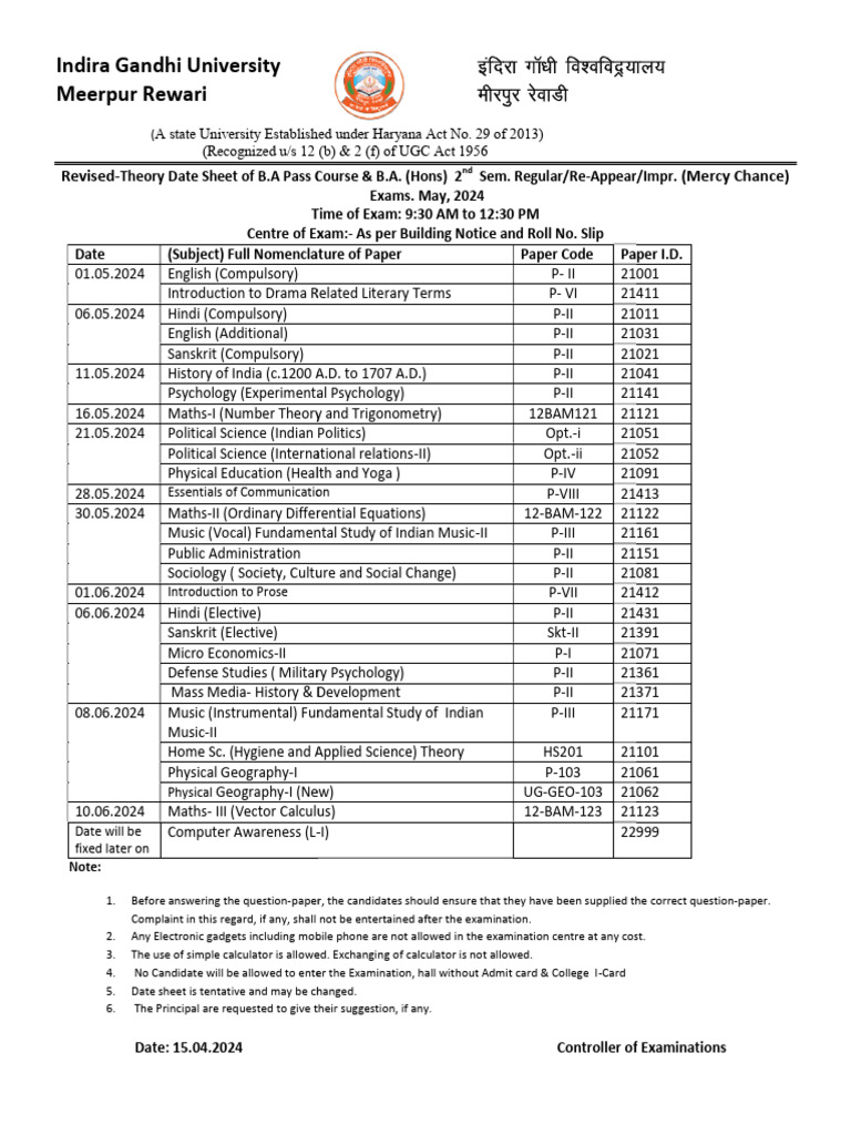 Revised-Theory Date Sheet of B.A Pass Course & B.A. (Hons) 2nd Sem. Regular, Re-Appear, Impr ...