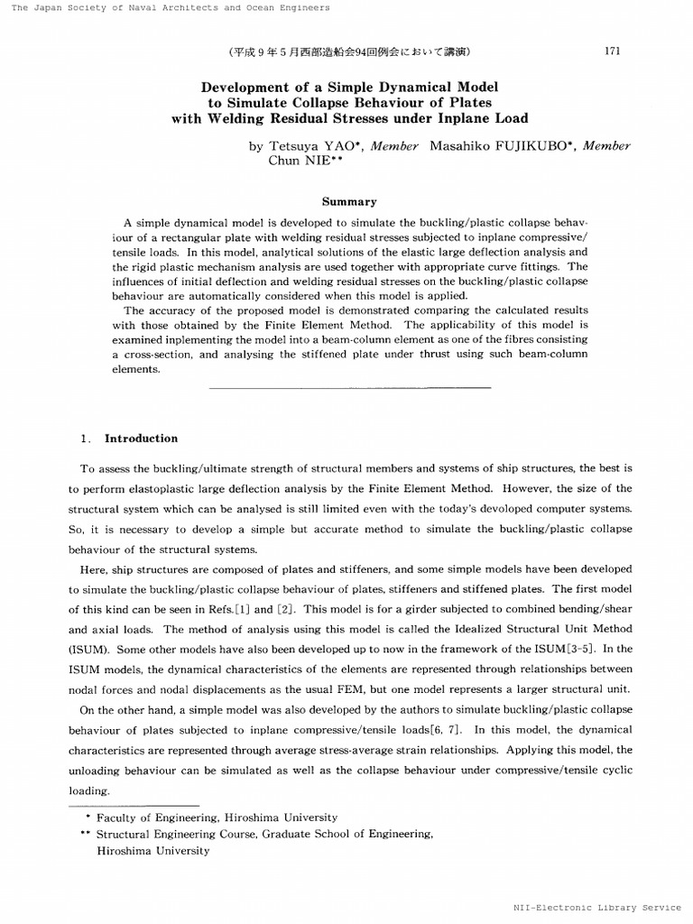 Yao, Fujikubo, Nie - 1997 - Development of A Simple Dynamical Model To Simulate Collapse ...