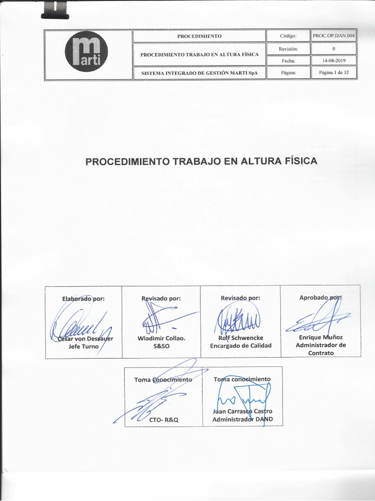 PROC - OP.DAN.004 Rev 0 Trabajo en Altura Física. | PDF | Andamio | Seguridad y salud ocupacional