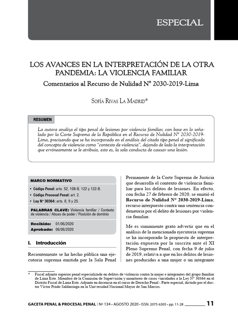 Sofía Rivas La Madrid - Violencia Familiar RN 2030-2019 | PDF | Derecho penal | La violencia ...