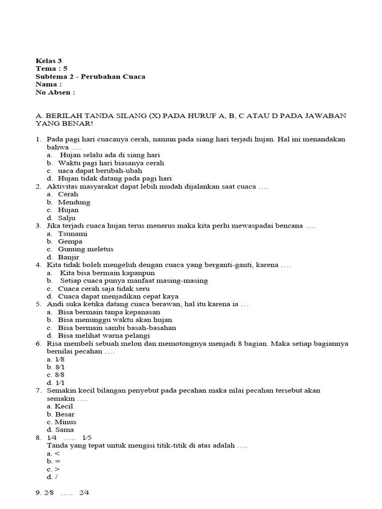 Contoh Soal UH PH untuk kelas 3 SD MI Tema 5 Subtema 2 Perubahan Cuaca | PDF
