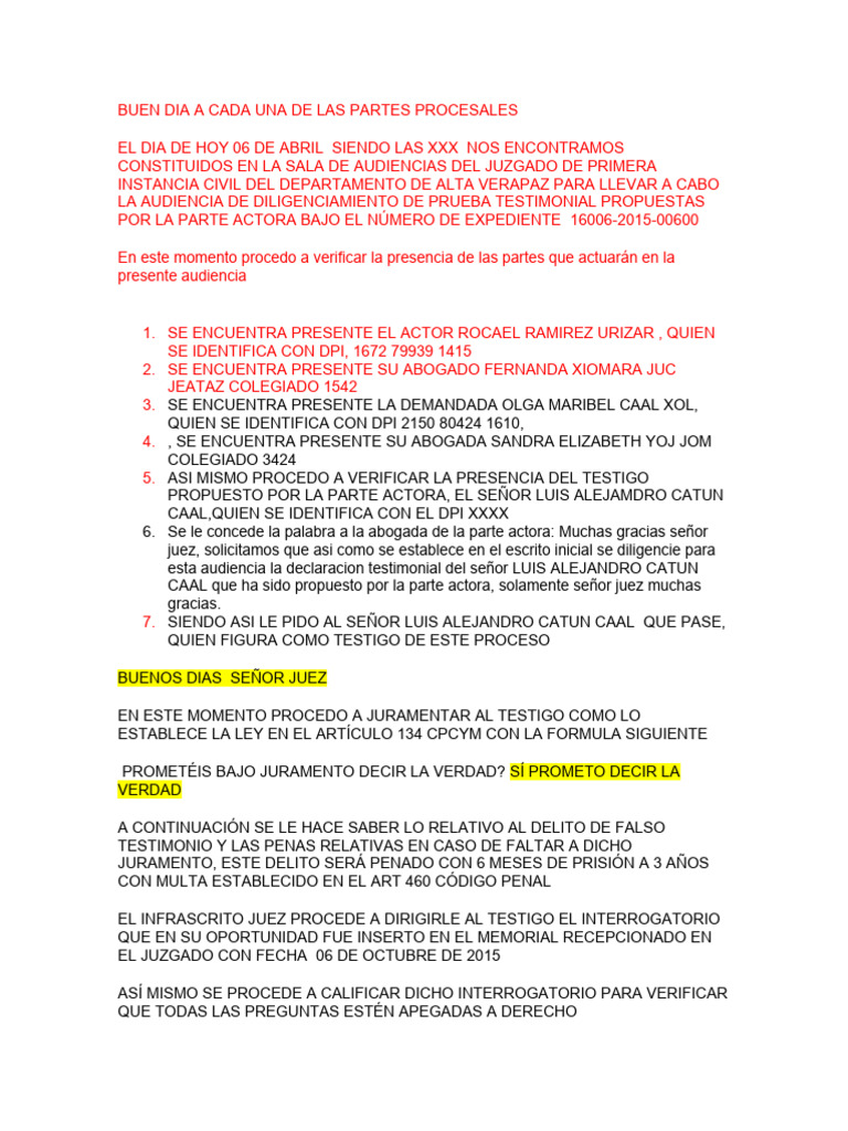Declaracion De Testigo Luis Catun Pdf Testigo Derecho Penal