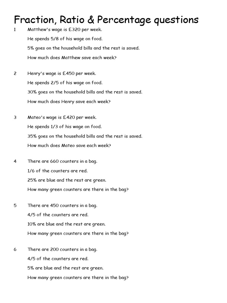 Fraction-ratio-percentages-questions | PDF | Numbers | Elementary Mathematics