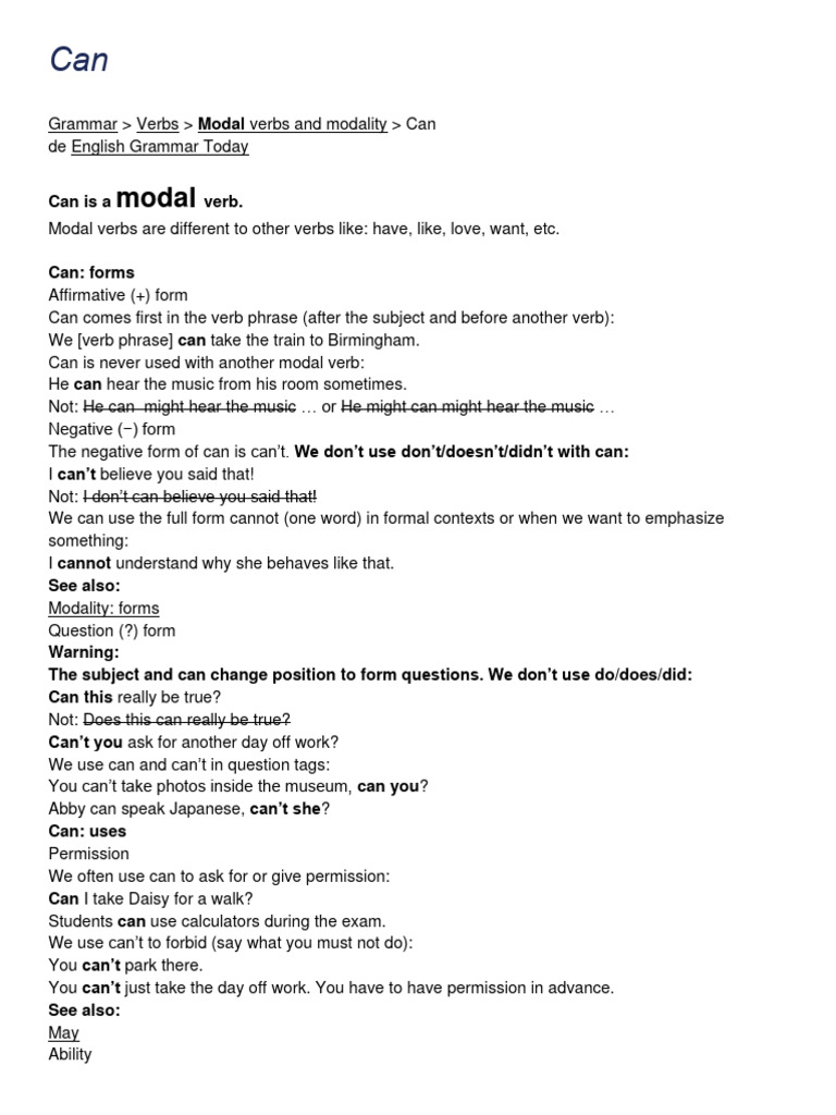 Understanding the Modal Verb "Can" | PDF