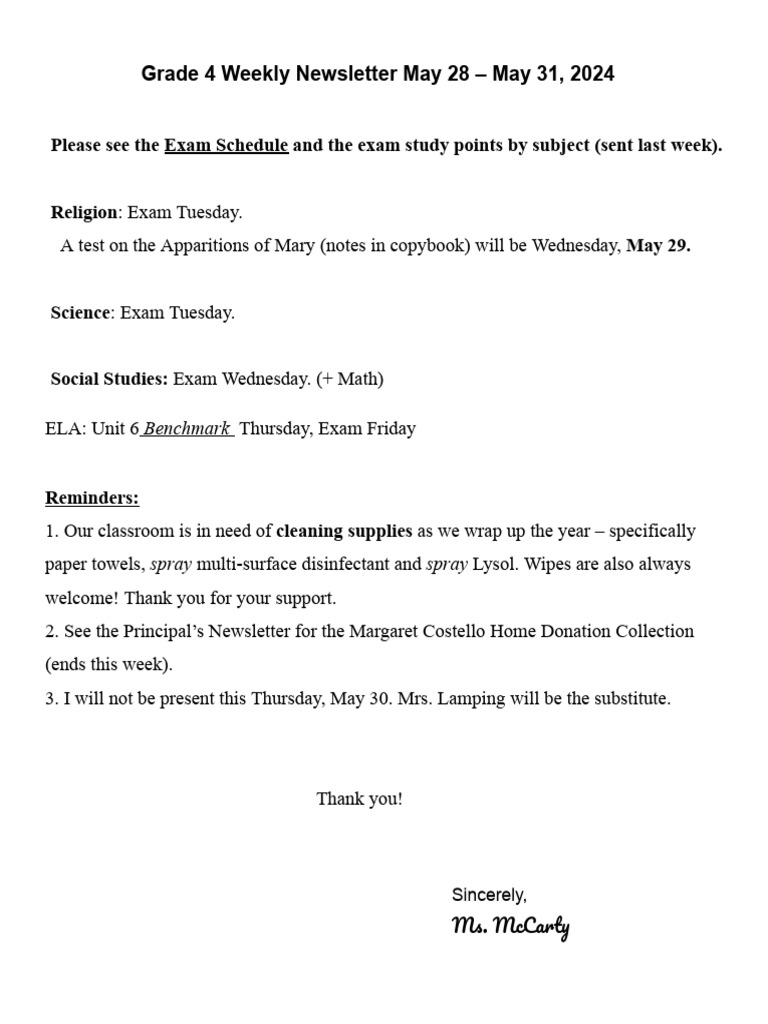 Grade 4 Exam Schedule & Reminders | PDF