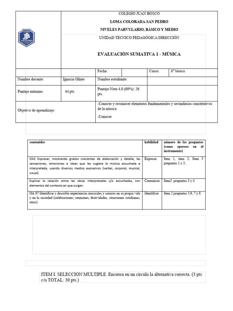Evaluacion Unidad 1 8vo | PDF | Chile | Musicología