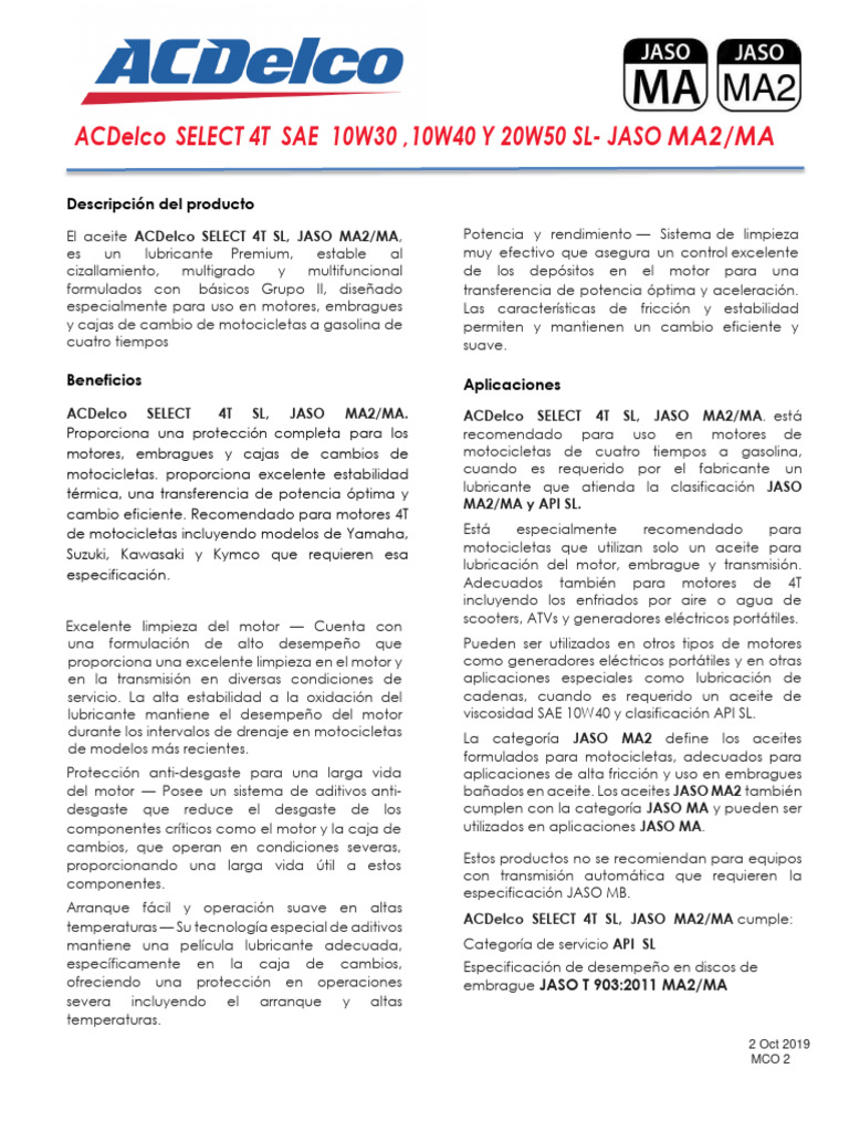 PDS Acdelco Select 4T - Sae 10W30,10W40 y 20W50 SL, Jaso Ma2 | PDF | Lubricante | Embrague