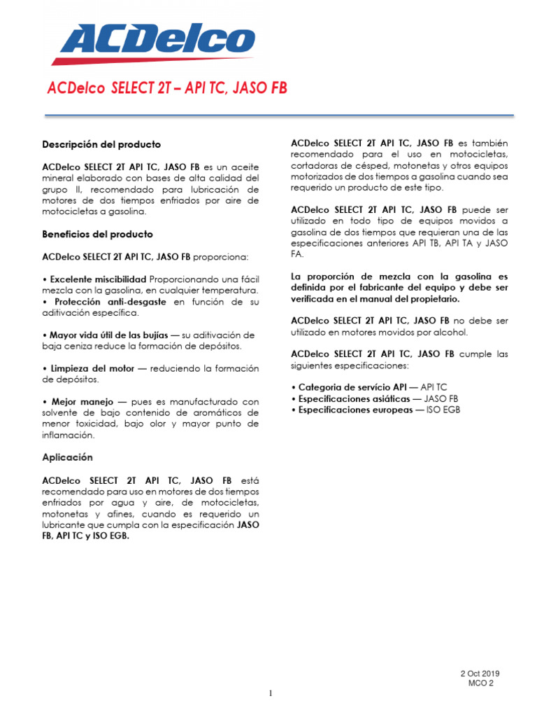PDS Acdelco Select 2T Api TC - Jaso FB | PDF | Gasolina | Lubricante